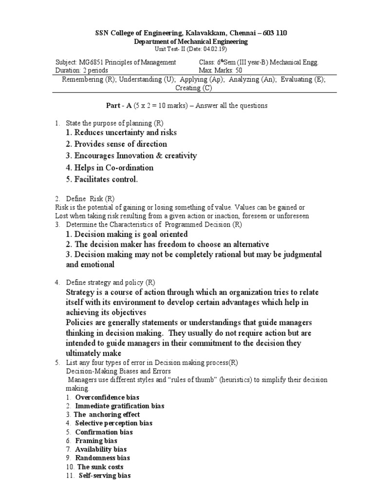 POM - UT2 - QP - Answer Key | PDF | Decision Making | Risk