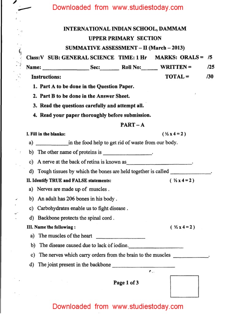 CBSE Class 5 Science Question Paper SA2 2013 PDF | PDF