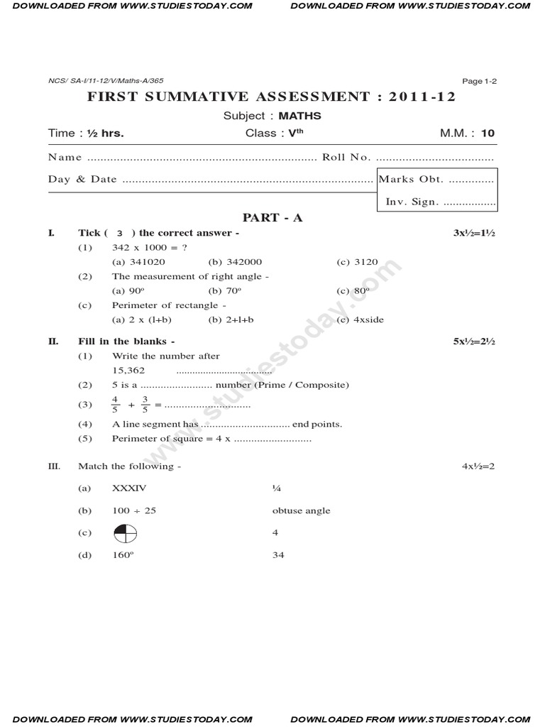 Class 5 Maths SA1 Question Paper PDF | PDF | Elementary Mathematics ...