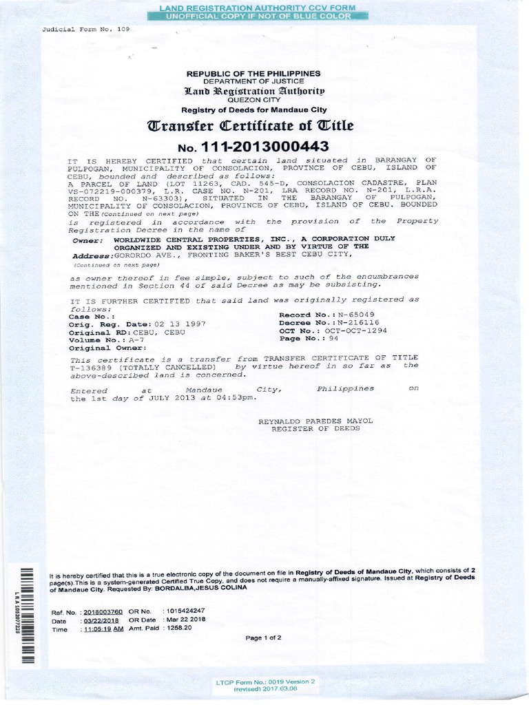 TCT 111-2013000443&TaxDec32219 | PDF