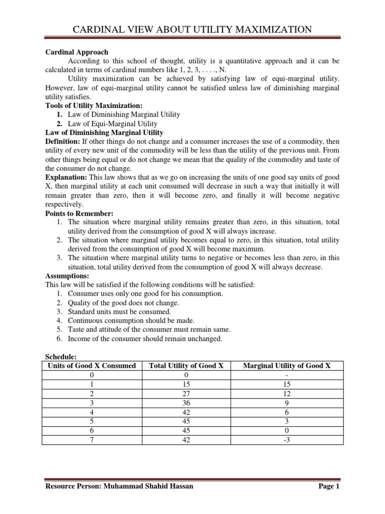 Notes On Theory of Consumer Behaviour in Cardinal View PDF | PDF ...