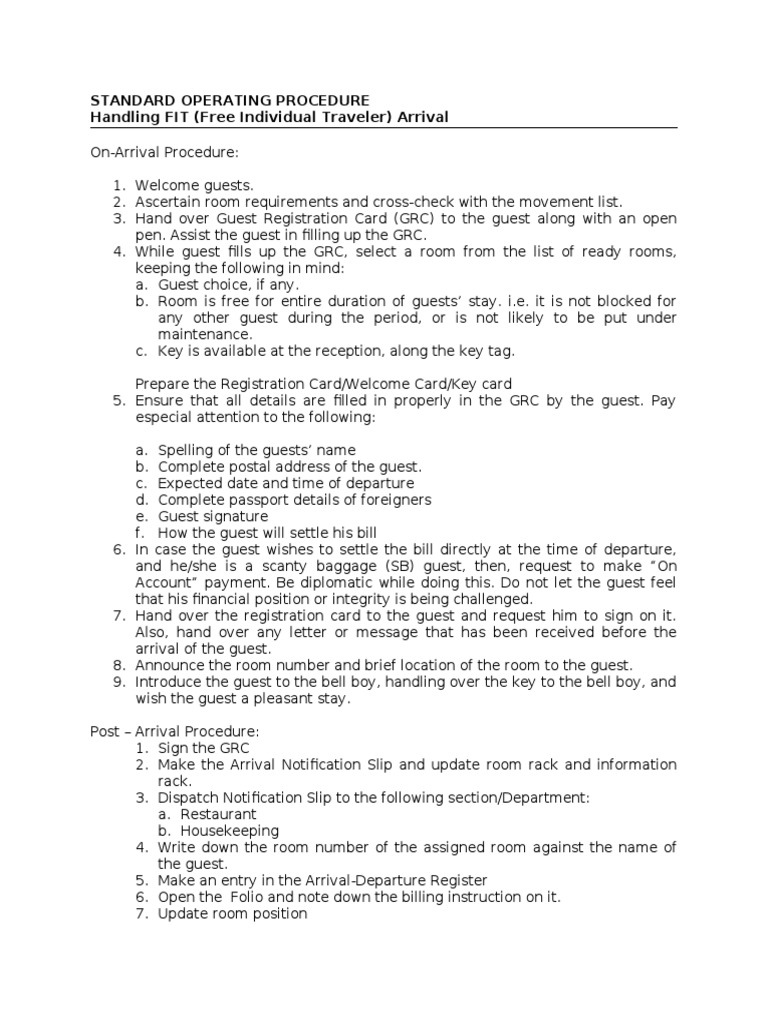 Hotel SOP On Handling FIT (Free Individual Traveler) | PDF