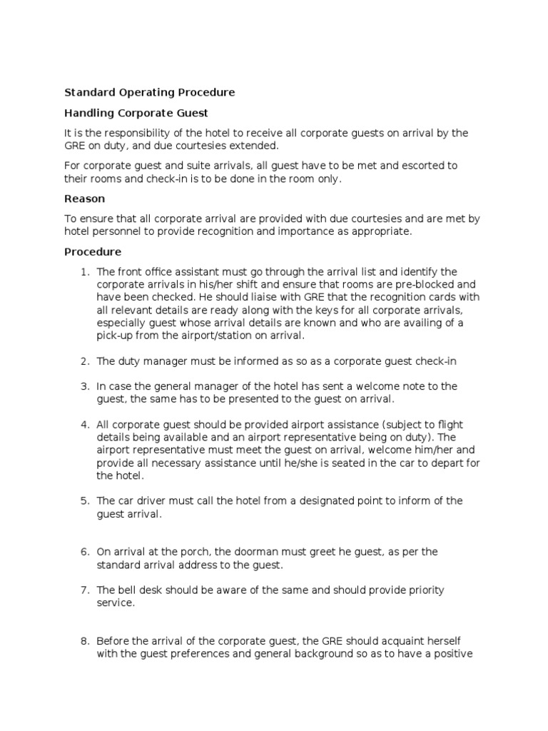Hotel SOP On Handling Corporate Guest | PDF