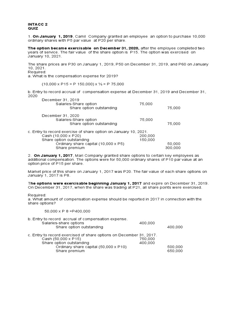Share-Based Compensation Quiz | PDF | Capital Surplus | Option (Finance)