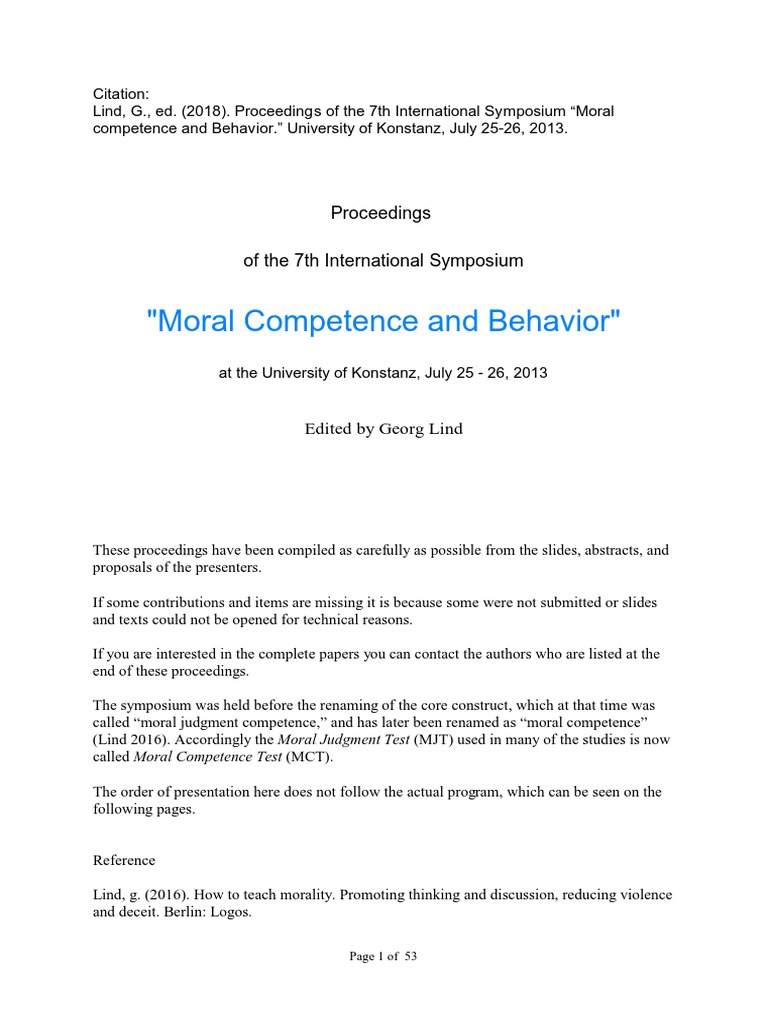 Lind-2018 7th Proceedings Moral Competence and Behavior 2013 | PDF ...