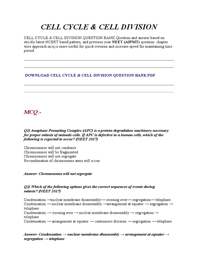 Cell Cycle Cell Division PDF | PDF | Meiosis | Mitosis