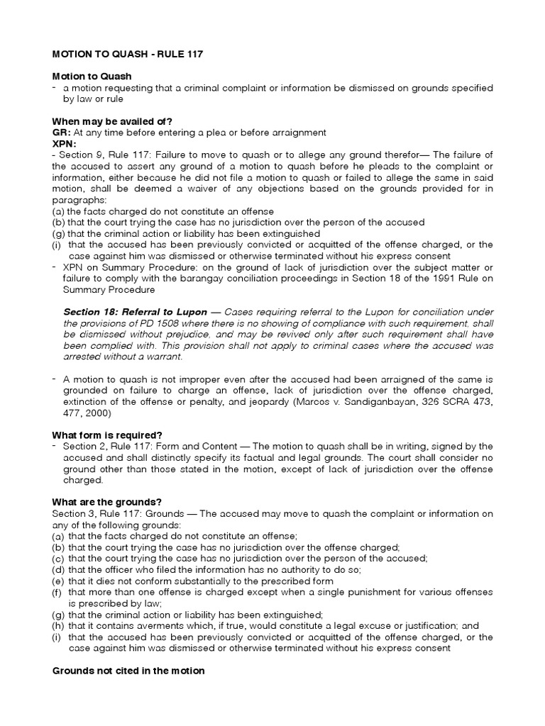 A Comprehensive Guide to Filing a Motion to Quash Under Rule 117 of the Rules of Criminal ...