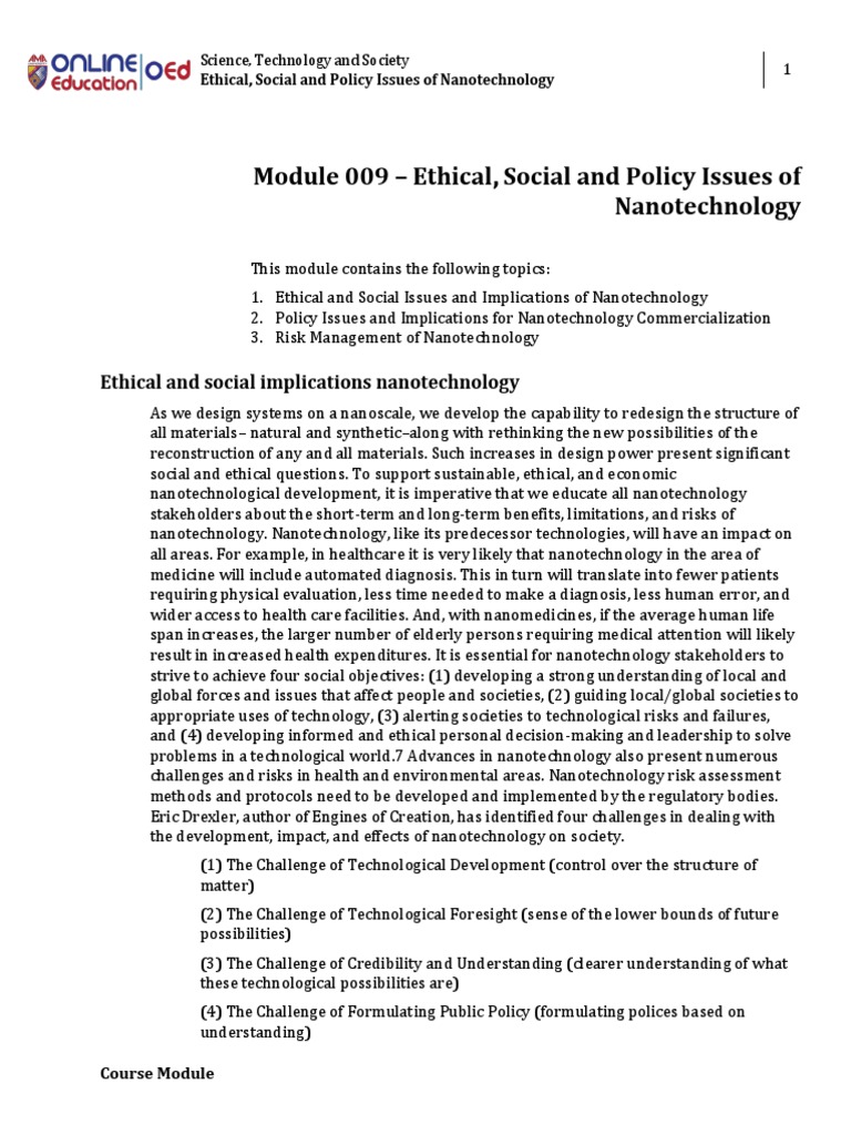 9 Ethical, Social and Policy Issues of Nanotechnology PDF | PDF ...