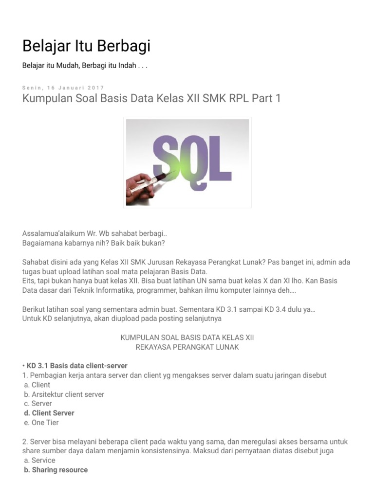 Belajar Itu Berbagi - Kumpulan Soal Basis Data Kelas XII SMK RPL Part 1 PDF | PDF | Komputer