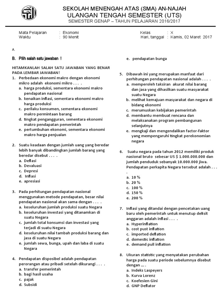 Soal Uts Ekonomi X | PDF
