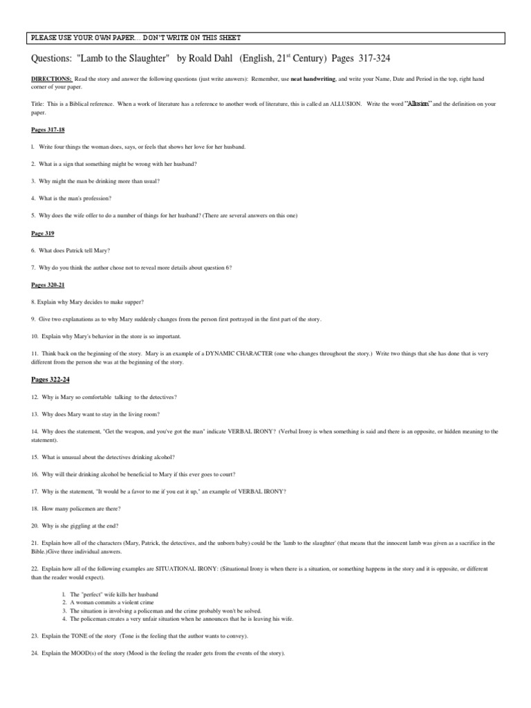 Lamb to the Slaughter: Comprehension Questions | PDF | Irony