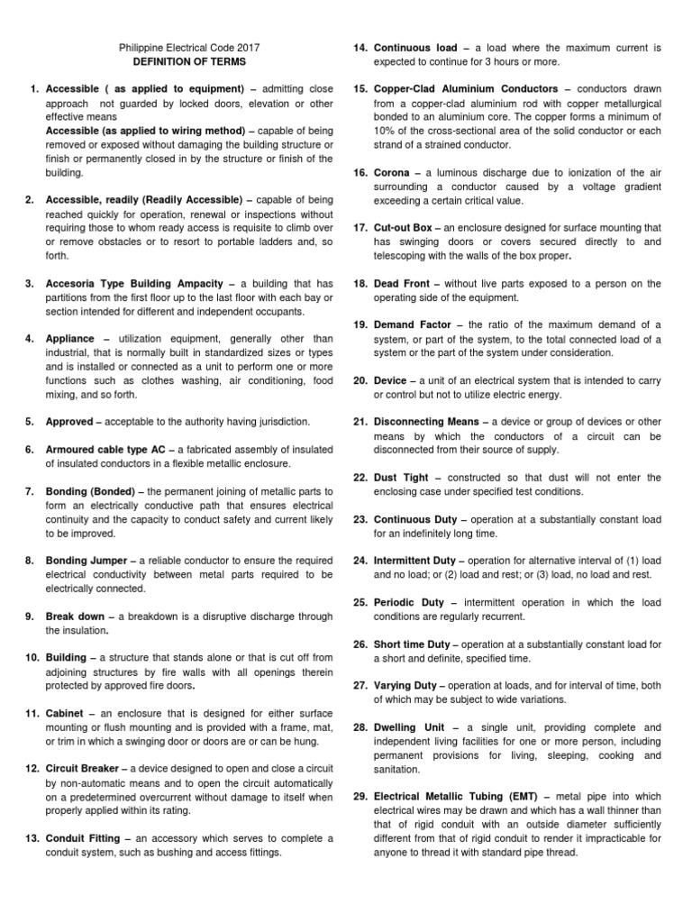 PEC Definition of Terms FOR ESD | PDF | Electrical Wiring | Power ...