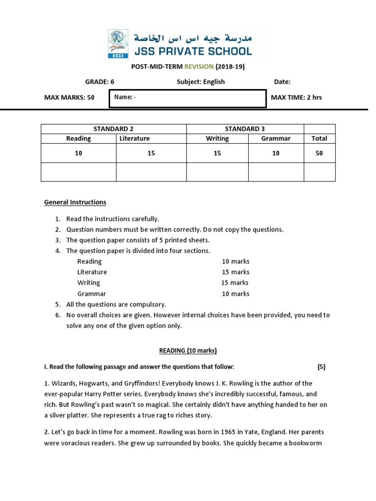 English-Grade 6-Revision Paper PDF | PDF | J. K. Rowling | Harry Potter