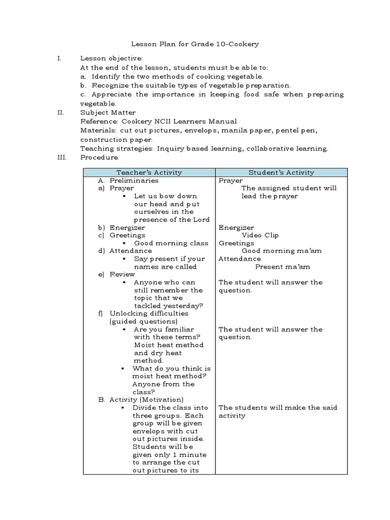 Lesson Plan For Grade 10 | PDF | Lesson Plan | Cooking