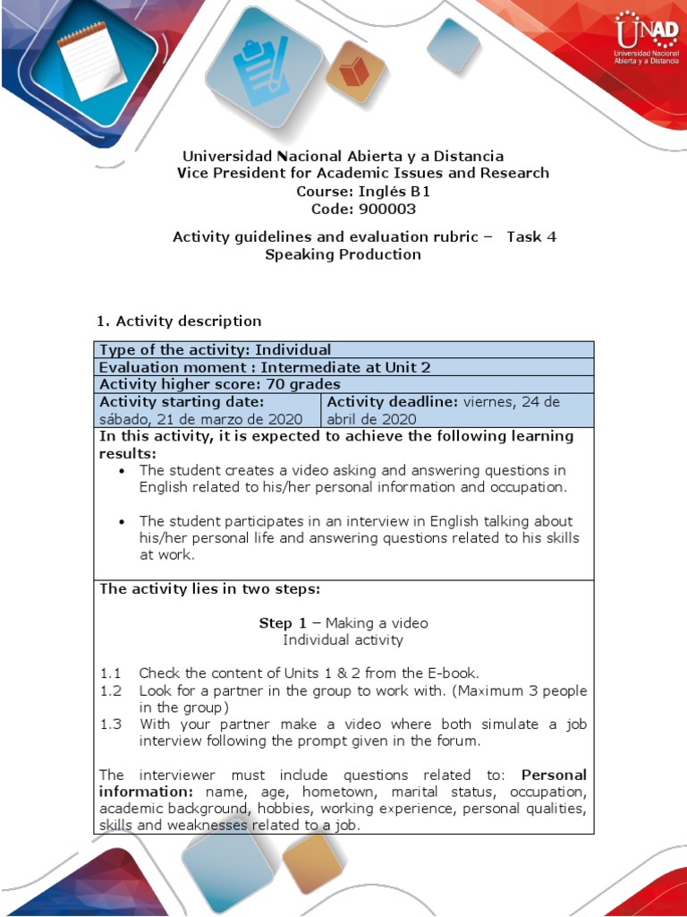 Activities Guide and Evaluation Rubric - Unit 2 - Task 4 - Speaking Production PDF | PDF ...