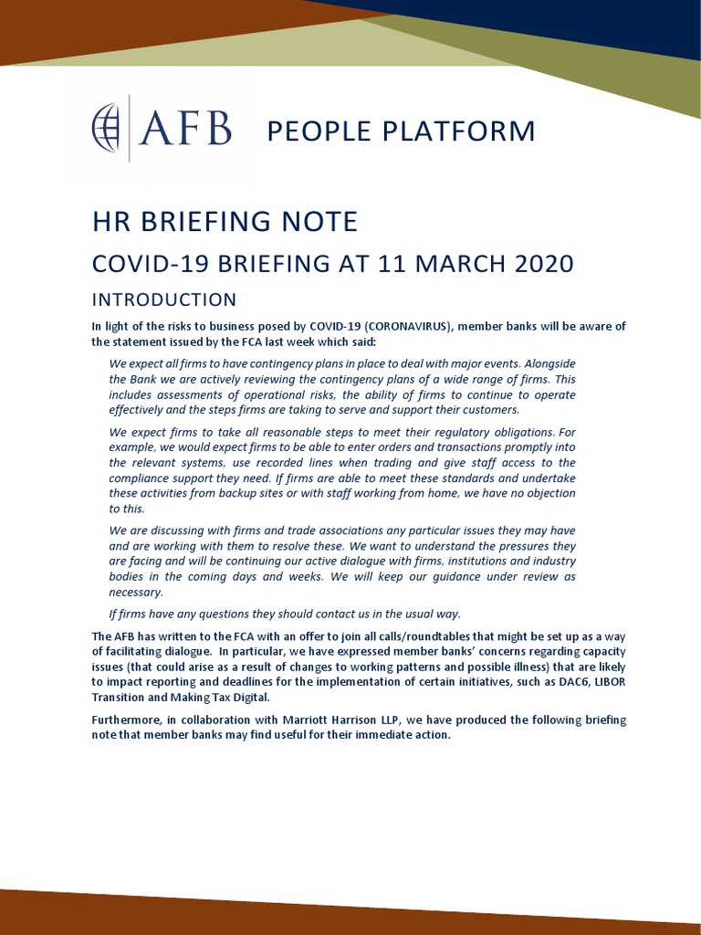HR Briefing Note: COVID-19 Guidance | PDF | Regulatory Compliance | Banks