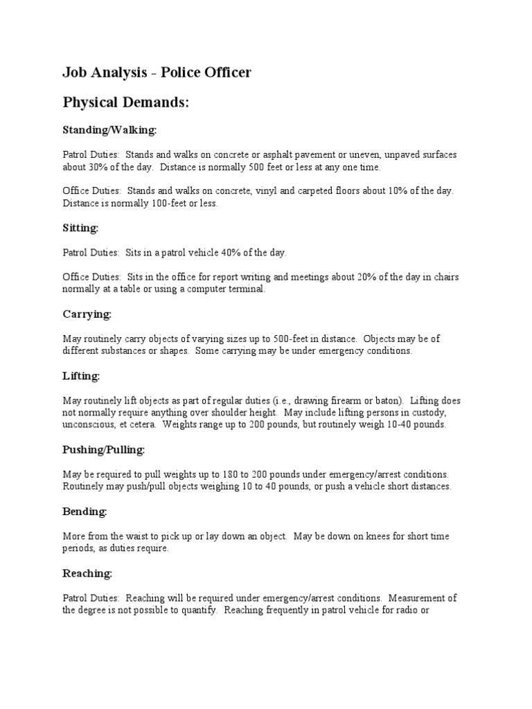 Job Analysis - Police Officer Physical Demands:: Standing/Walking | PDF ...