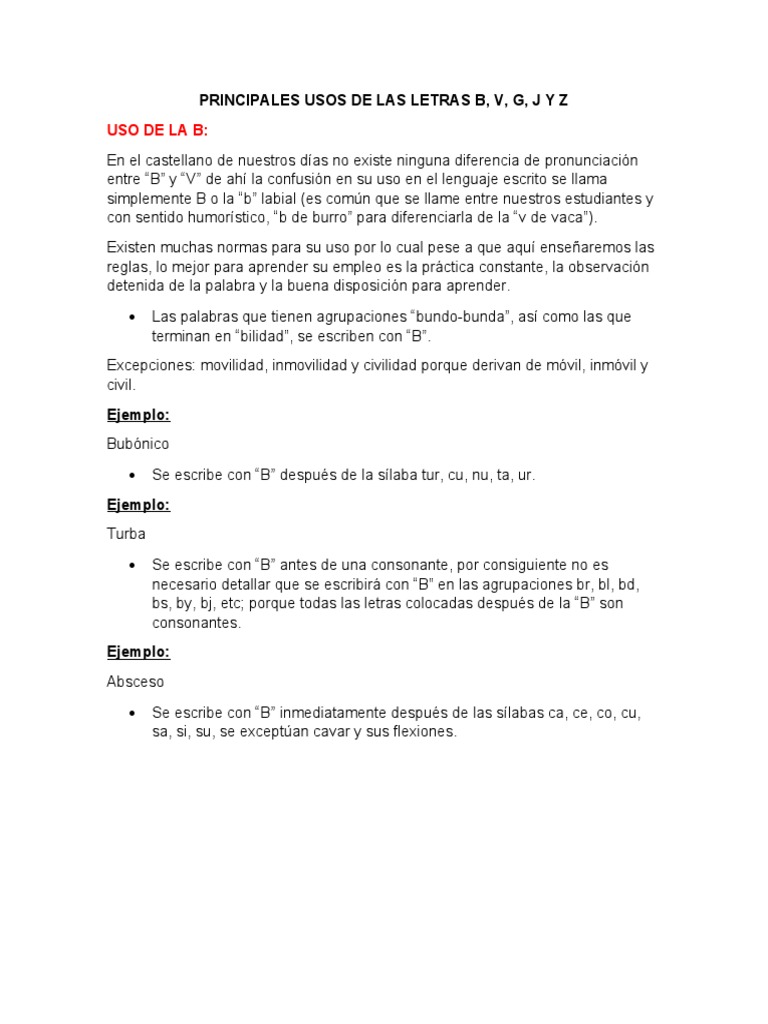Principales usos de las letras B, V, G, J y Z en español | PDF ...
