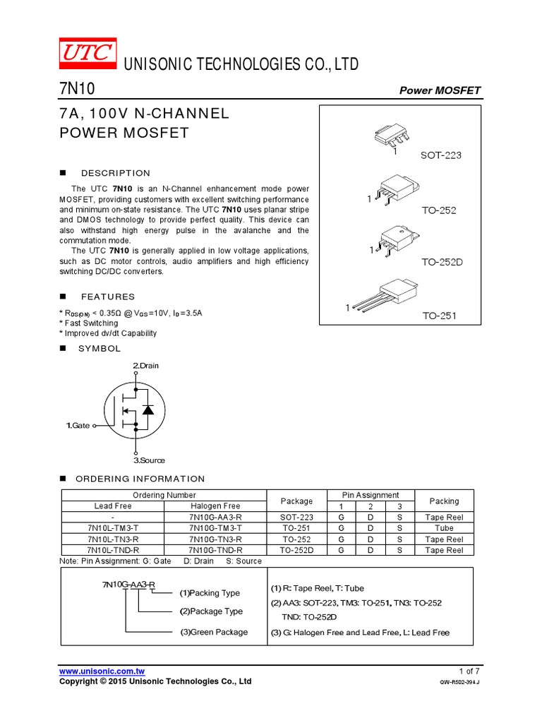 7N10 PDF | PDF | Field Effect Transistor | Mosfet