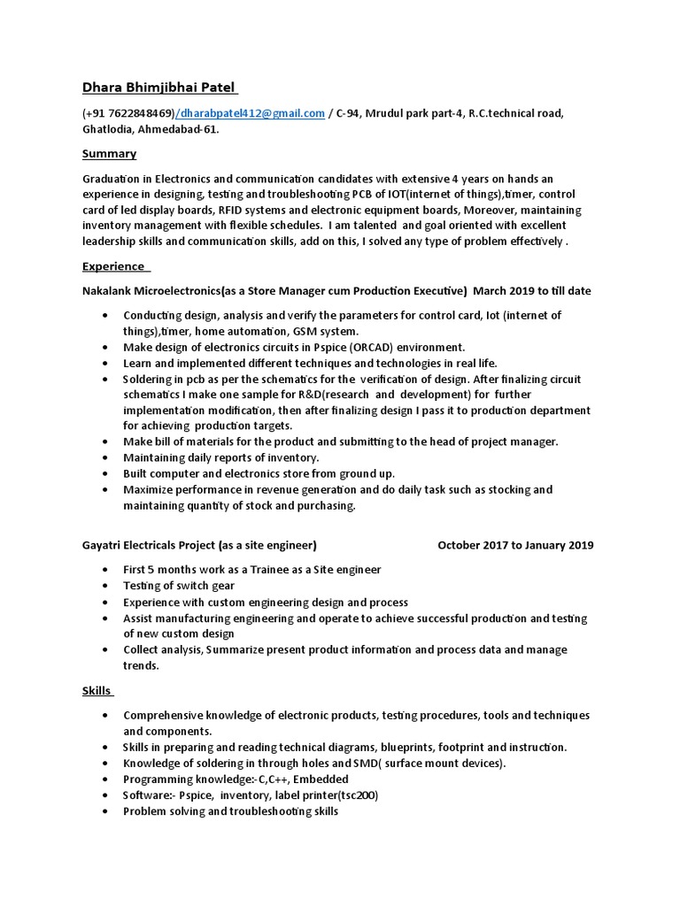 Dhara Resume | PDF | Electronics | Computer Engineering