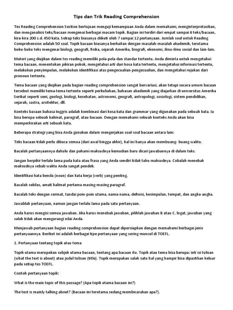 Tips Dan Trik Reading Comprehension | PDF | Seni & Disiplin Bahasa