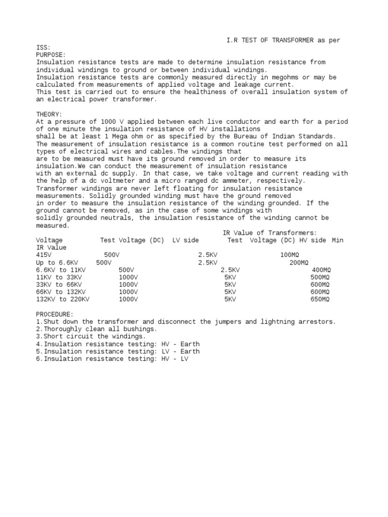 I.R Test of Transformer | PDF | Insulator (Electricity) | Electrical ...