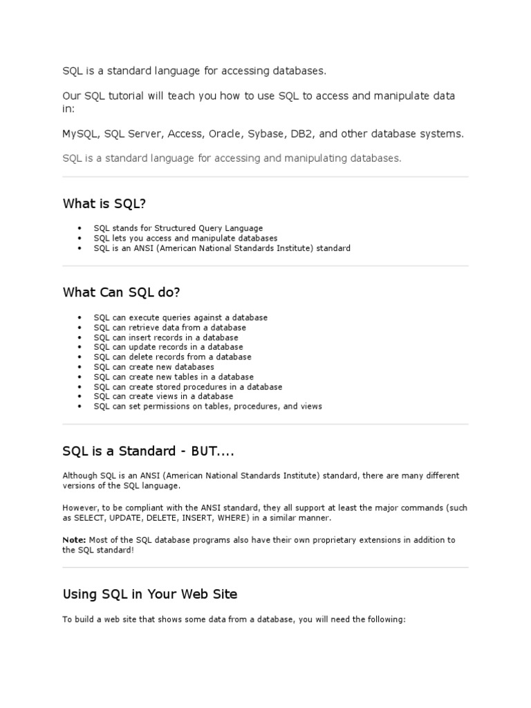 SQL Is A Standard Language For Accessing Databases | PDF | Sql | Data ...