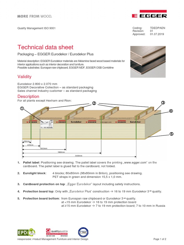 EGGER Eurodekor Technical Data Sheet | PDF | Pallet | Packaging And ...