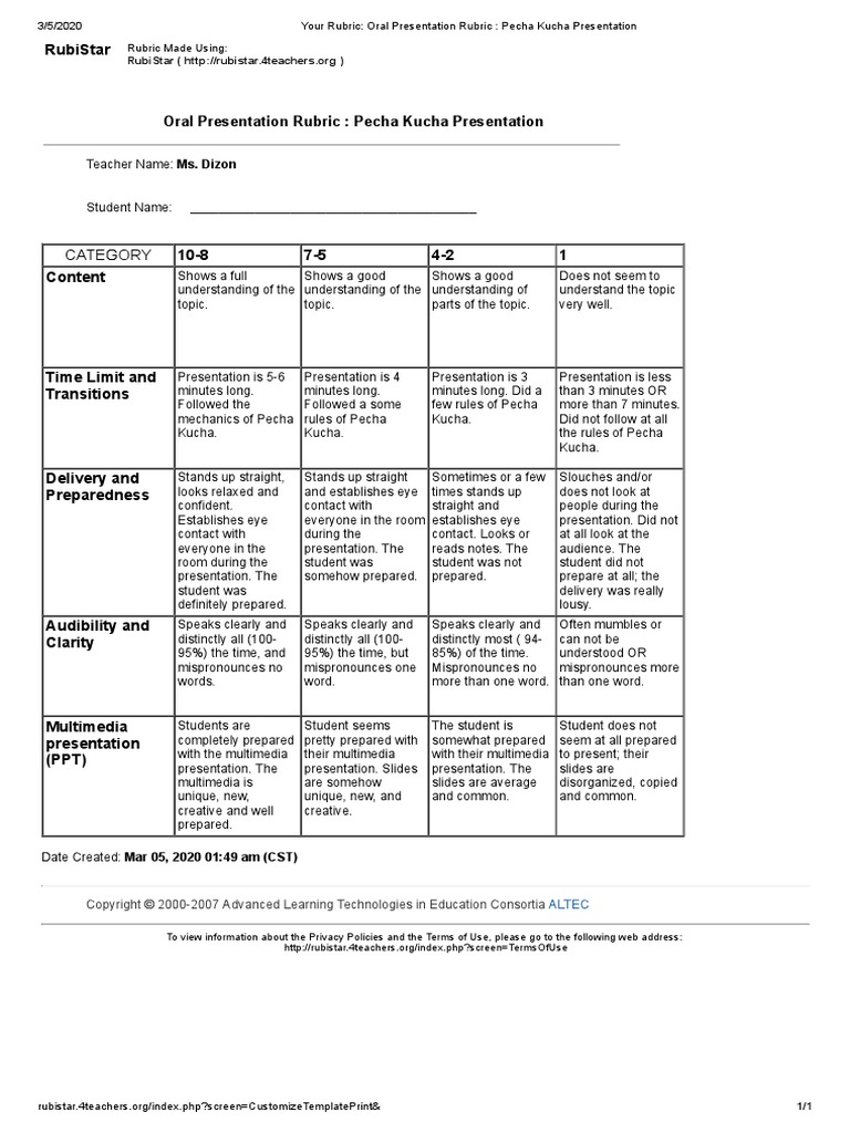 Your Rubric - Oral Presentation Rubric - Pecha Kucha Presentation DIZON ...