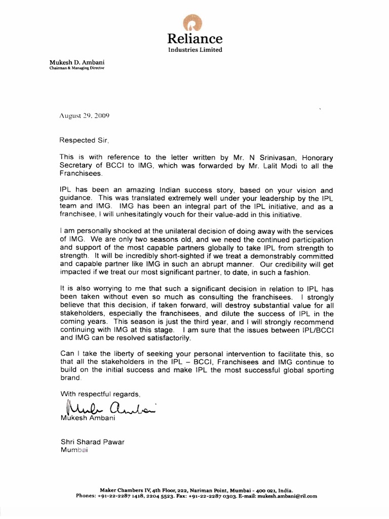Mukesh Ambani Letter | PDF