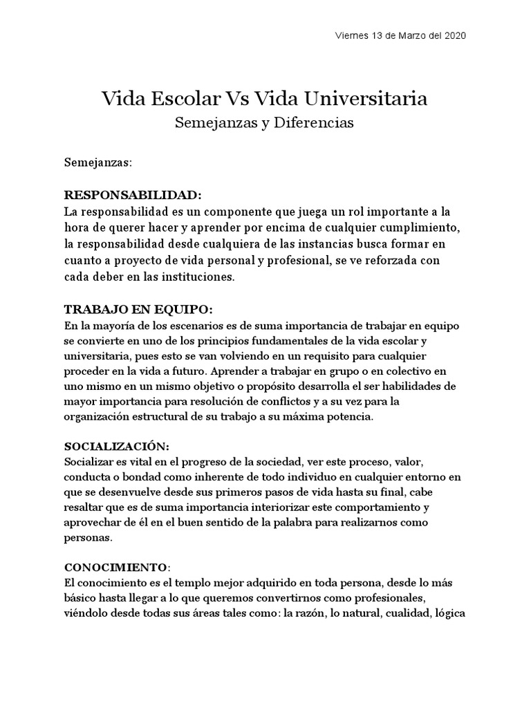 Semejanzas y Diferencias: Vida Escolar y Universitaria | PDF ...