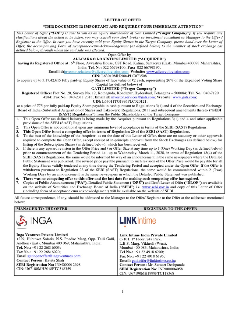 Gati LOF | PDF | Takeover | Stocks