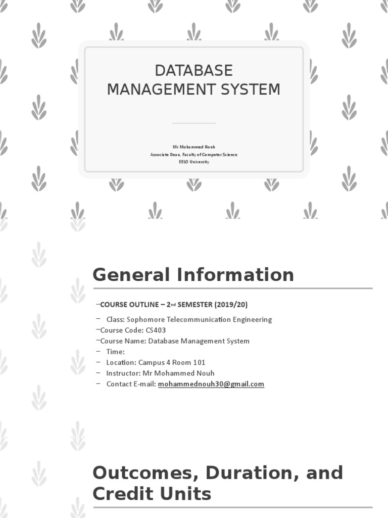 DBMS Course Outline | PDF | Relational Model | Databases
