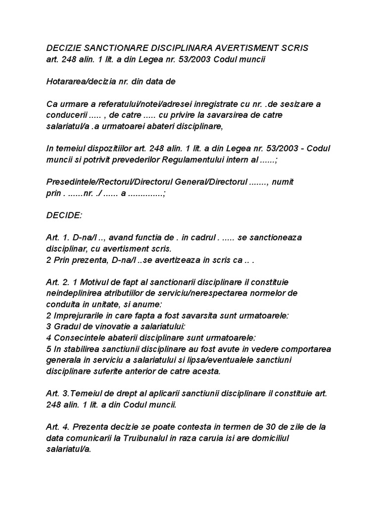 Decizie Sanctionare Disciplinara Avertisment Scris | PDF