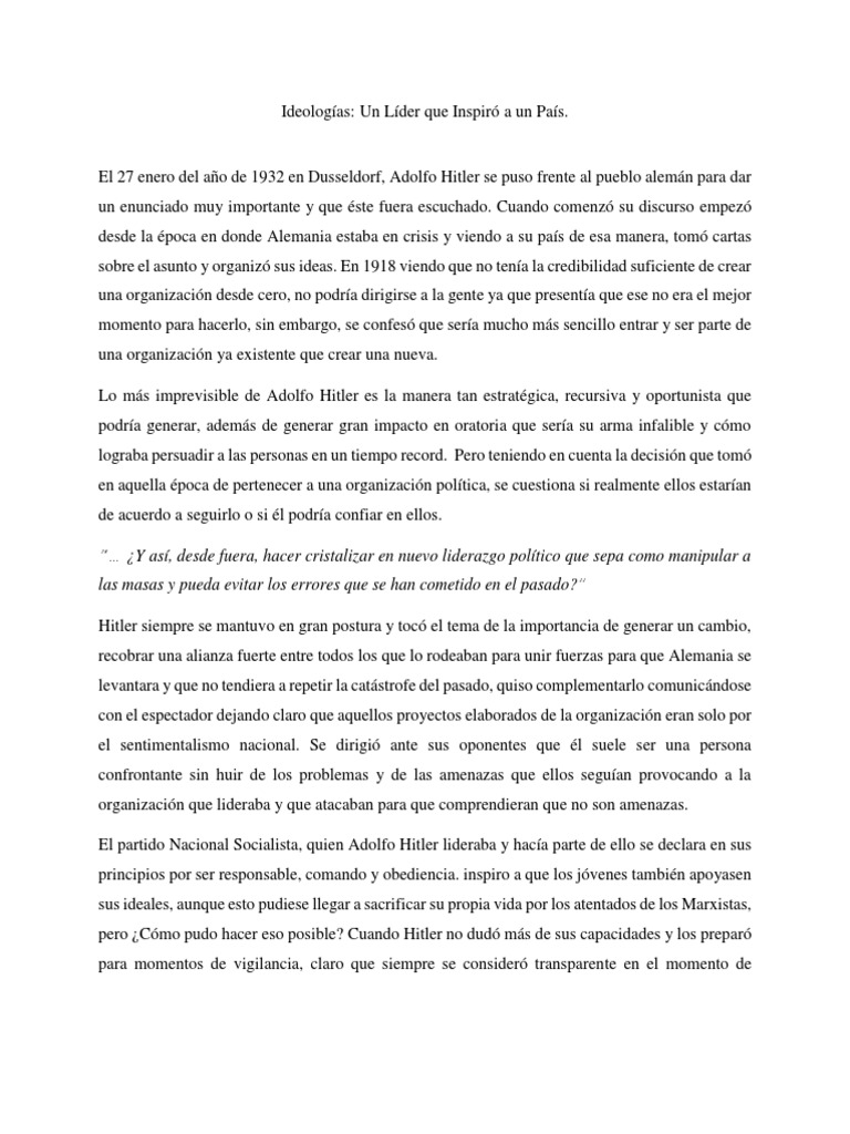 Reseña Del Discurso de Adolfo Hitler | PDF | Adolf Hitler | Alemania nazi