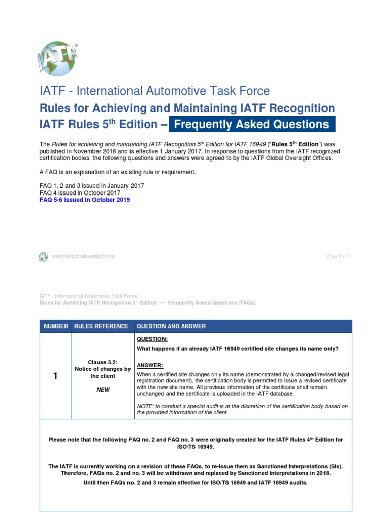 IATF Recognition 5th Edition FAQs | PDF | Faq | Government Information