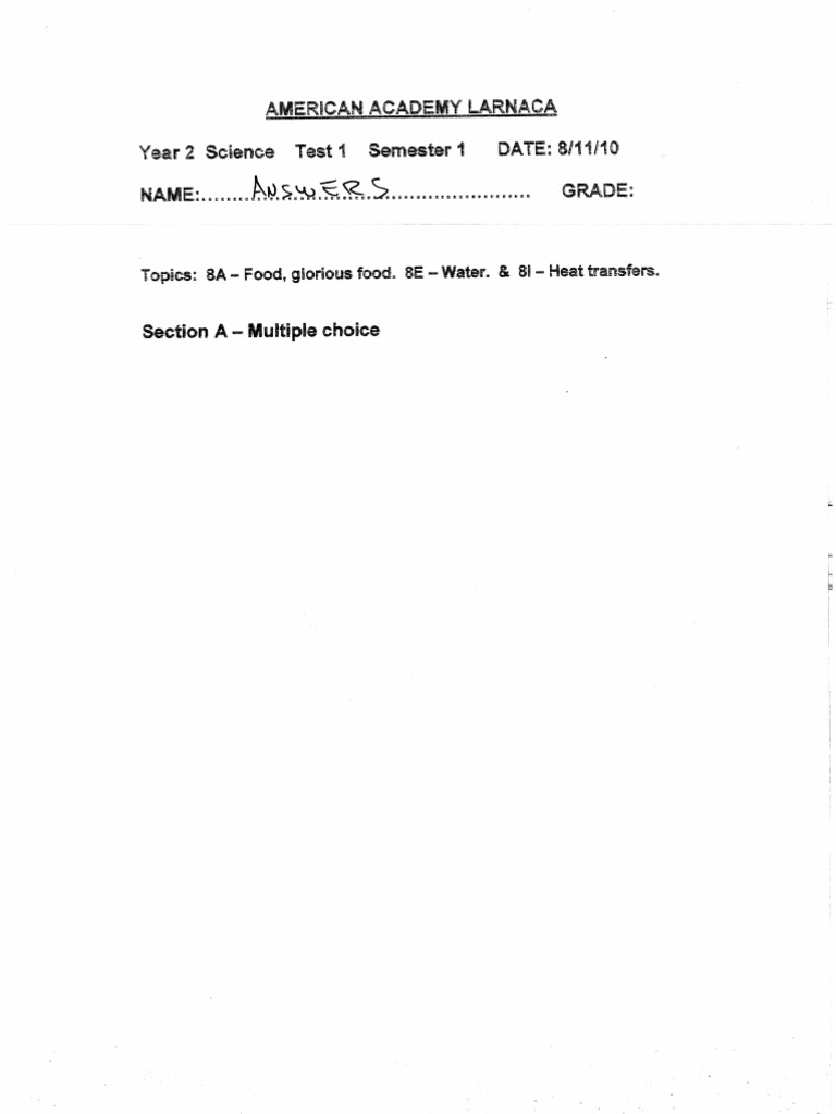 KS3 Sci / 8A 8E 8I Test MC Answers | PDF