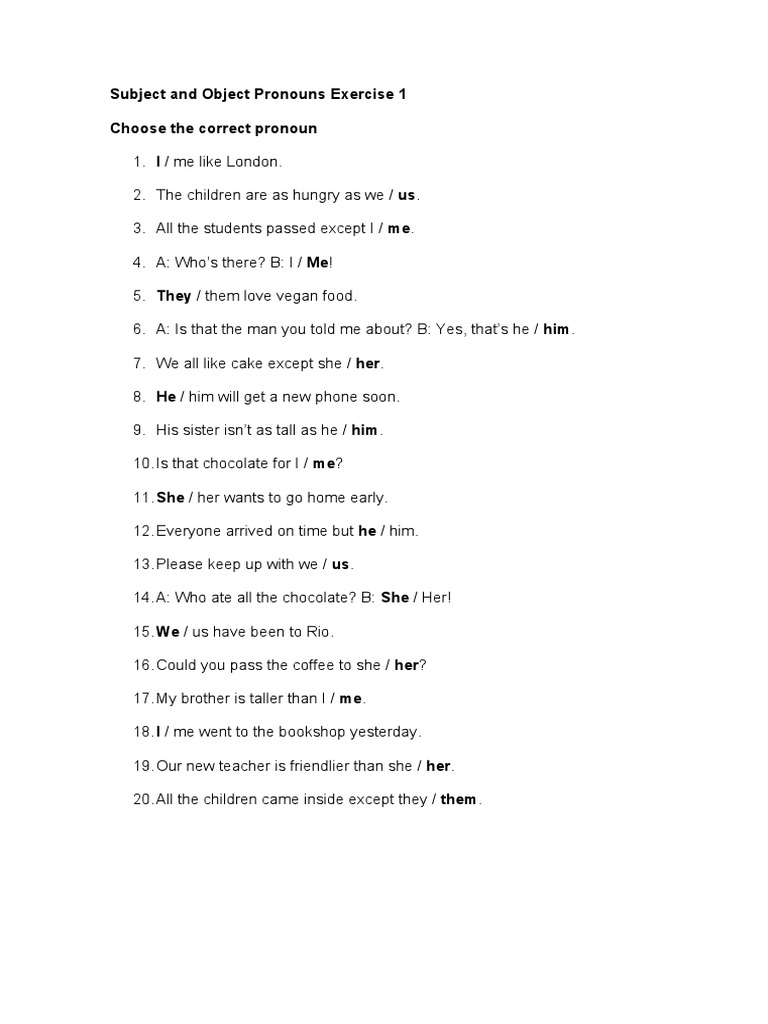 Subject and Object Pronouns Exercise 1 | PDF