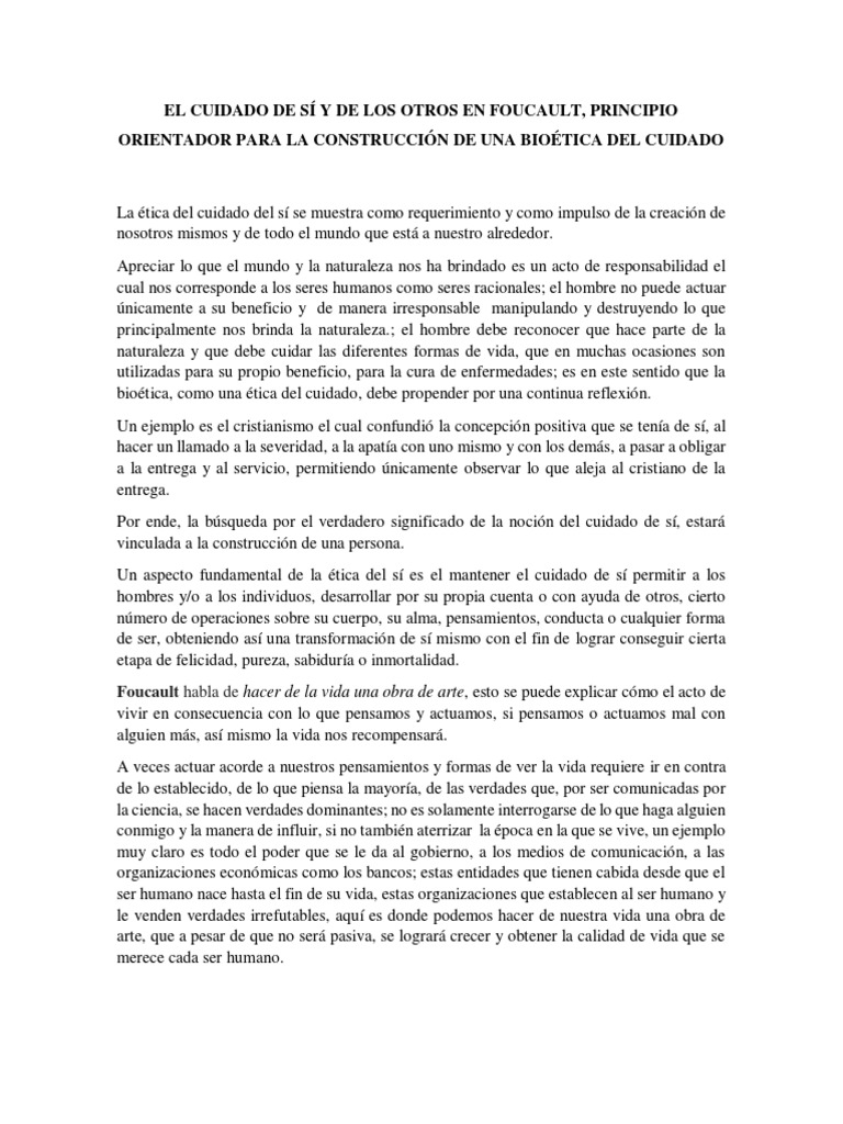 Bioética del Cuidado: Foucault y Ética | PDF | Bioética | Teorías ...