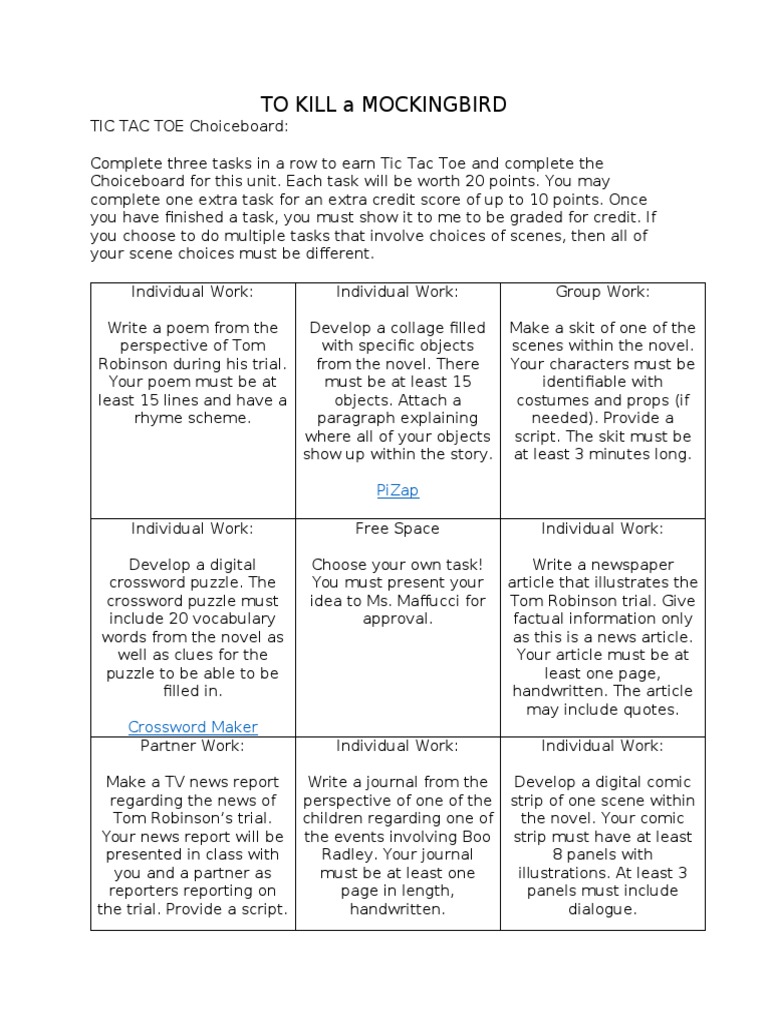 To Kill A Mockingbird Choiceboard | PDF | Crossword | To Kill A Mockingbird