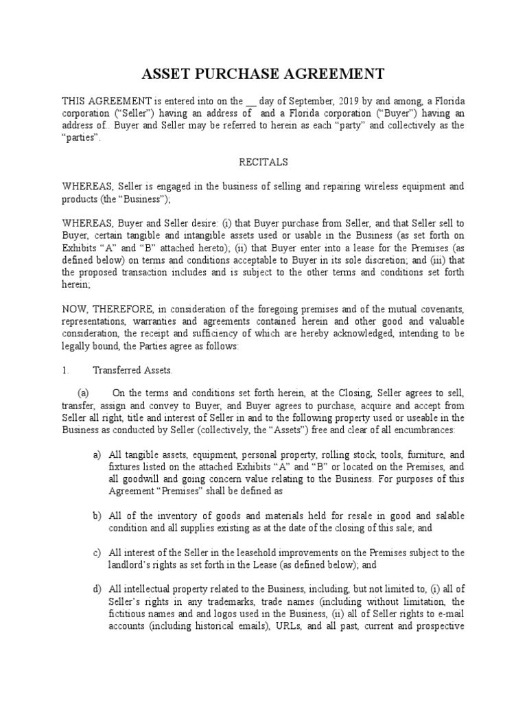 Simple Asset Purchase Agreement Template | PDF | Sales | Lease