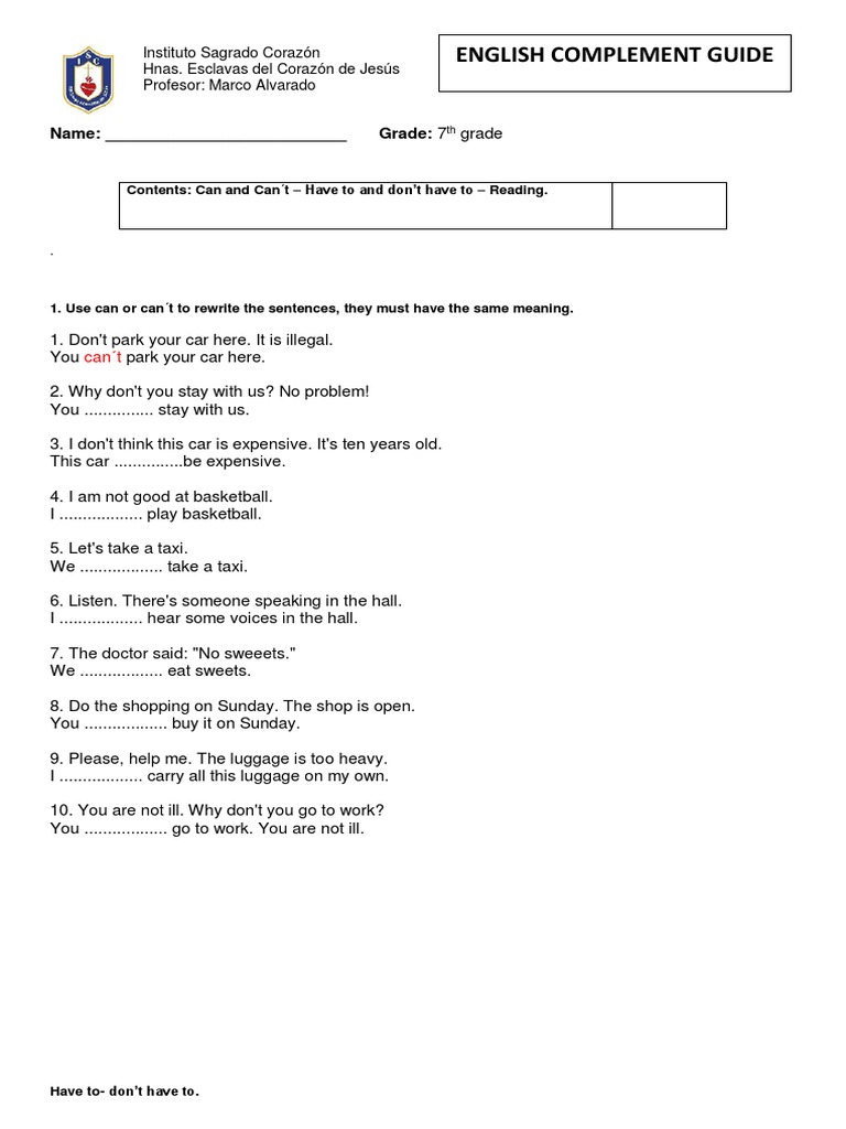 Guia de Ejercicios de Ingles. Uso de Can o Can't 7 Basico Chile | PDF