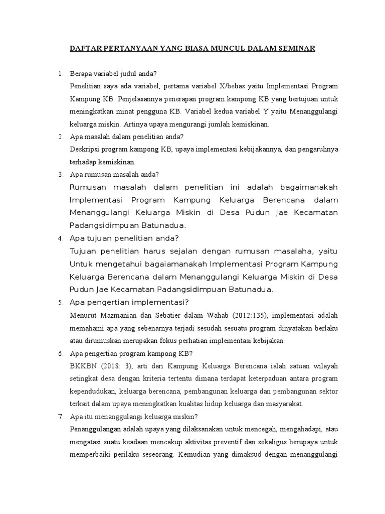 Daftar Pertanyaan Yang Biasa Muncul Dalam Seminar1 | PDF | Pengembangan Diri
