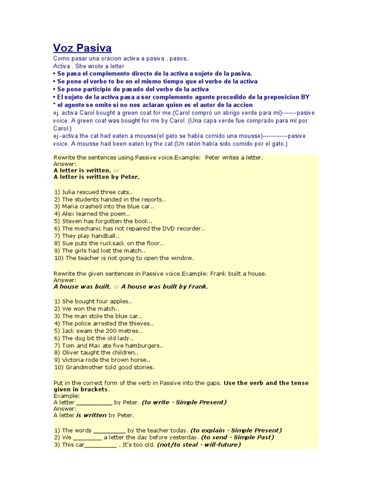 Voz Pasiva - Explicacion y Ejercicios | PDF | Verb | Language Mechanics