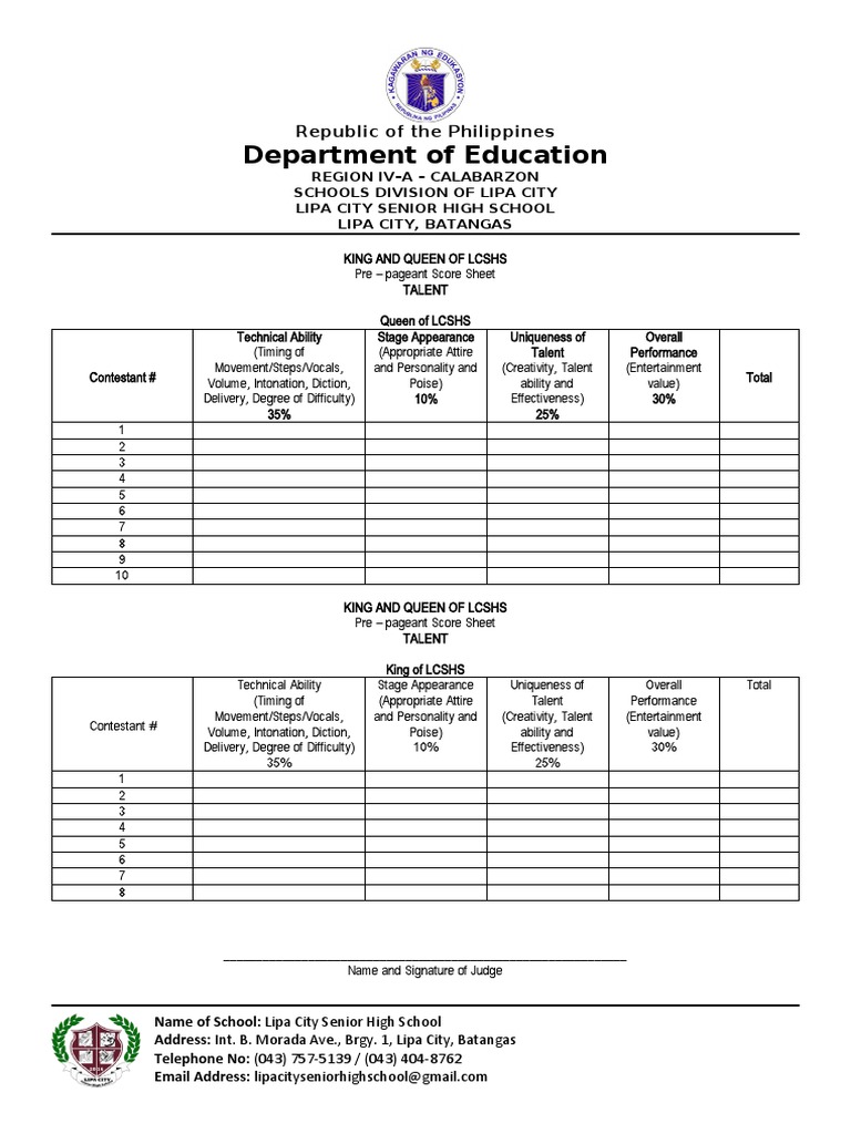 Pageant Judging Form