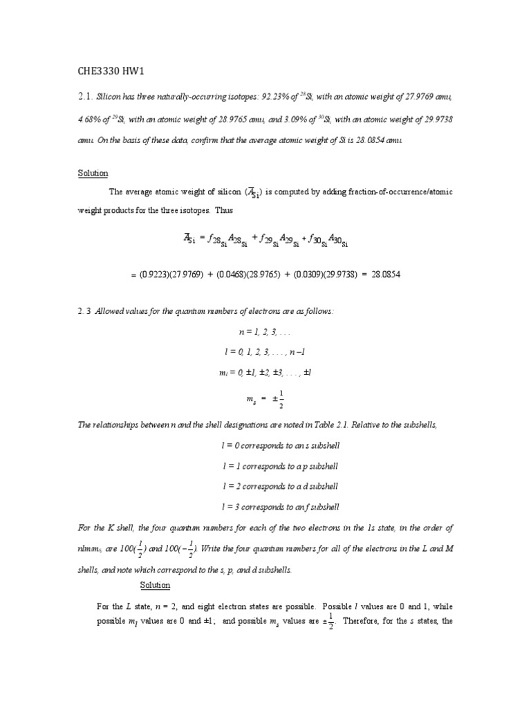 CHE3330 HW1 - Solution 1 PDF | Download Free PDF | Electron Configuration | Crystal Structure