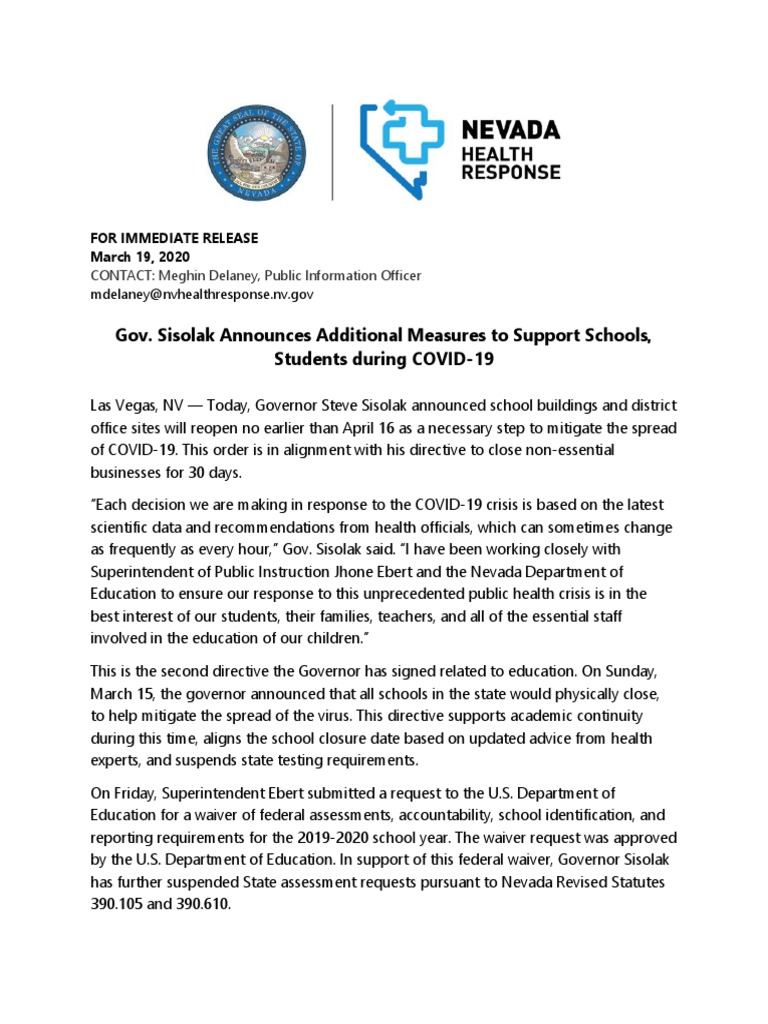 March 20, 2020: Sisolak School Directive | PDF | Distance Education ...