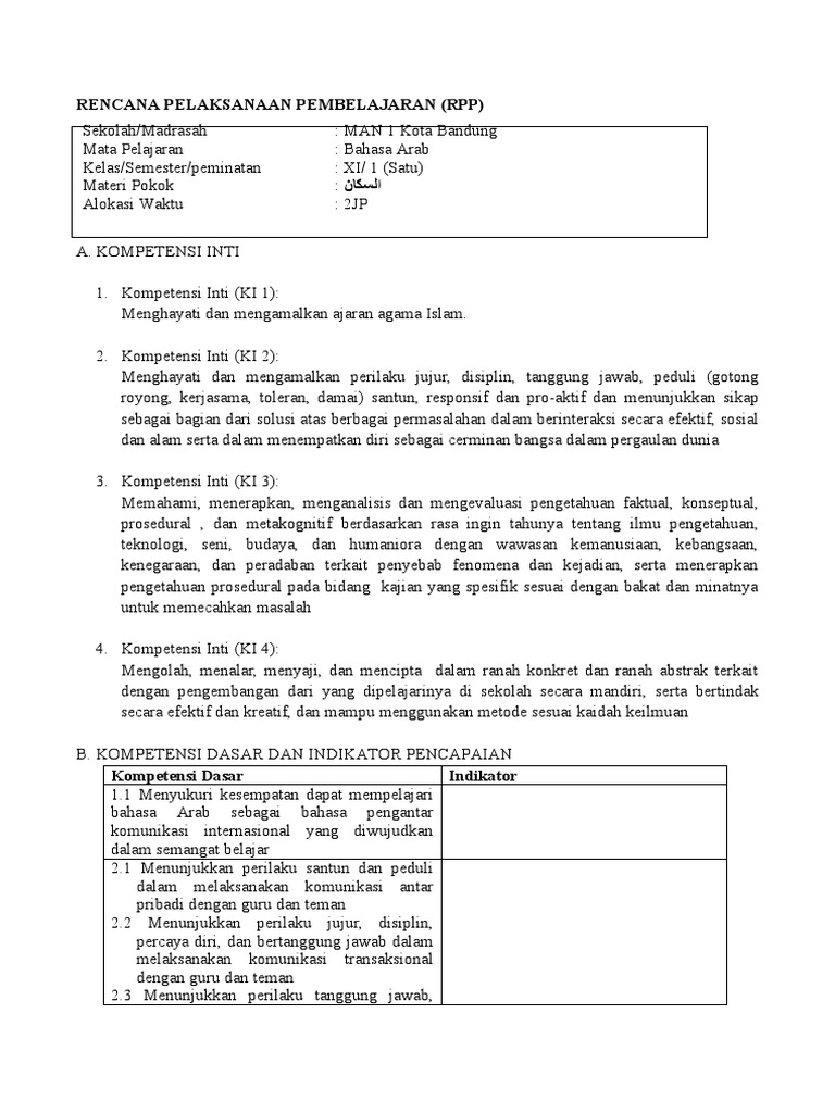 RPP Pelajaran Bahasa Arab Pertemuan 1 | PDF