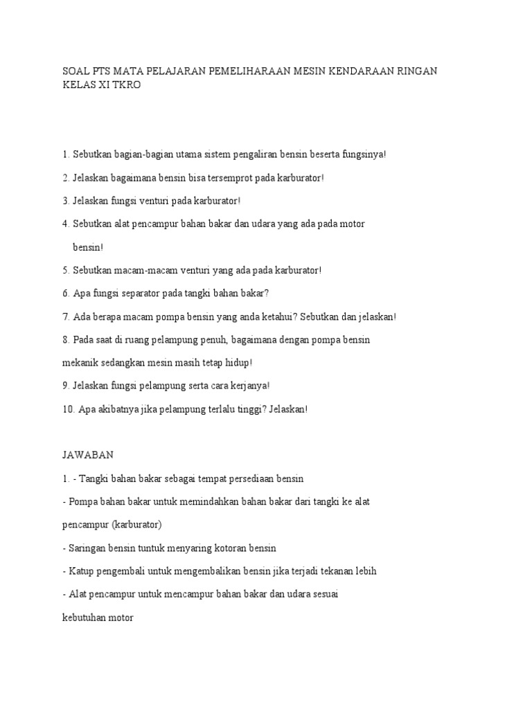Soal PTS Mata Pelajaran Pemeliharaan Mesin Kendaraan Ringan Kelas Xi Tkro | PDF