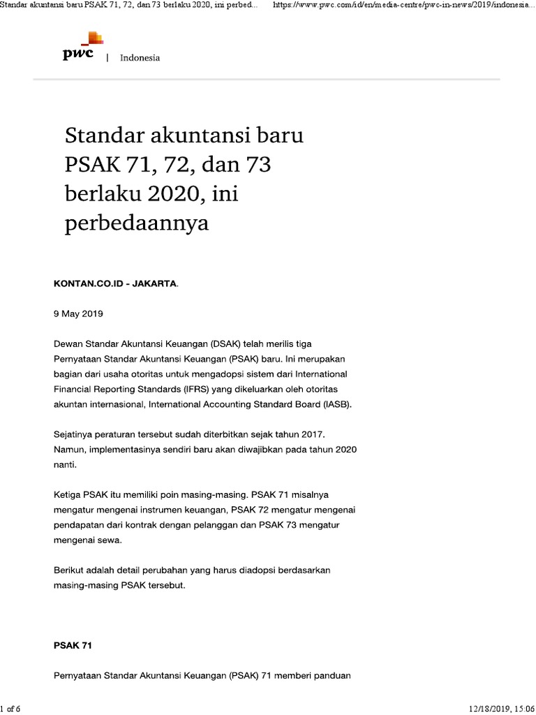Standar Akuntansi Baru PSAK 71, 72, Dan 73 Berlaku 2020, Ini ...